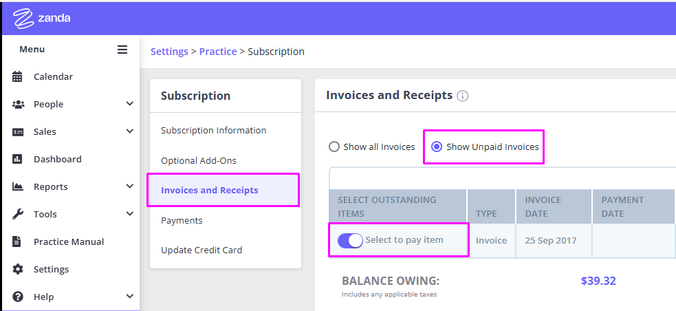 Paying for Overdue Zanda Subscription Invoices