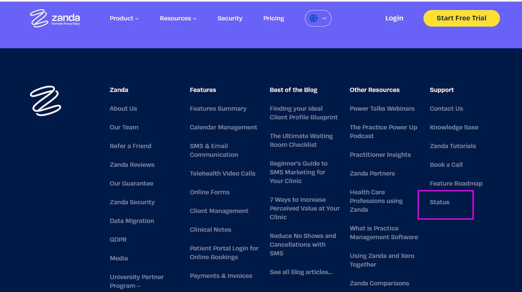 Zanda System Status Page