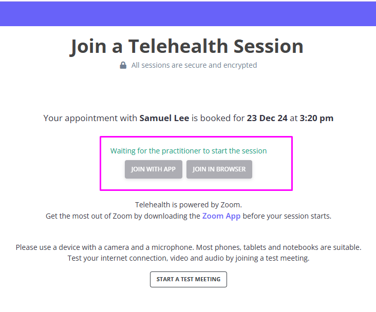 Joining a Telehealth Session as a Client