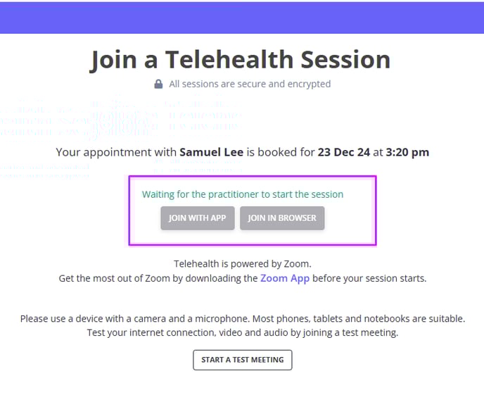 Joining a Telehealth Session as a Client