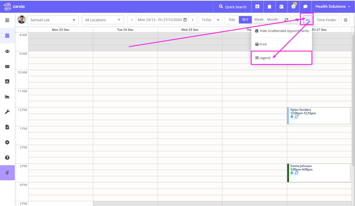 Appointment Statuses, Symbols and Calendar Legend