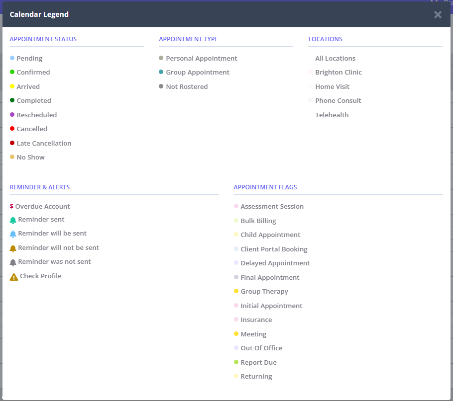 Appointment Statuses, Symbols and Calendar Legend