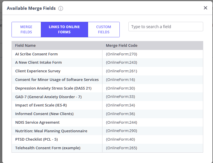 Available Merge Fields for Communication Templates