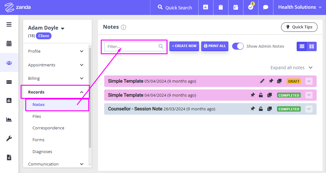 Creating and Managing Session Notes