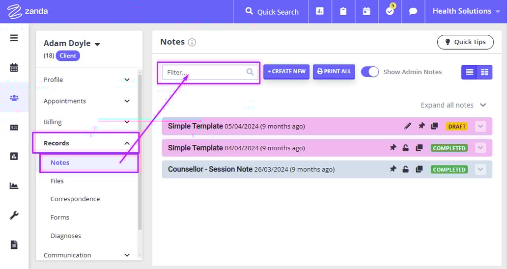 Creating and Managing Session Notes
