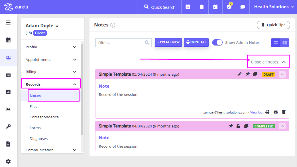 Creating and Managing Session Notes