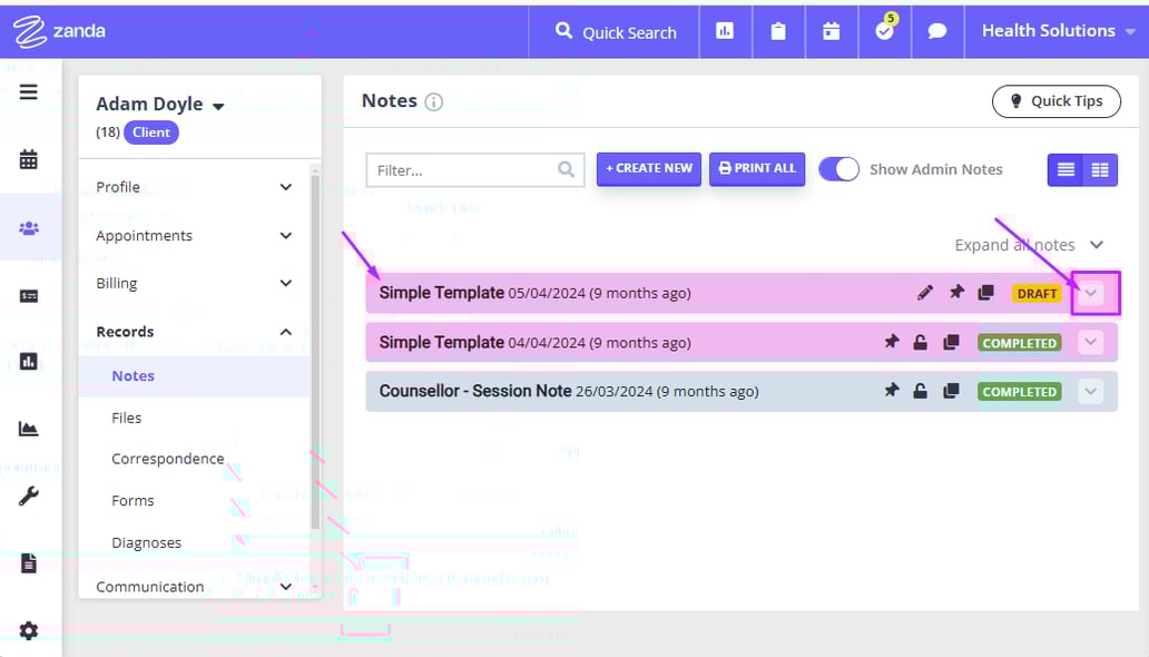 Creating and Managing Session Notes