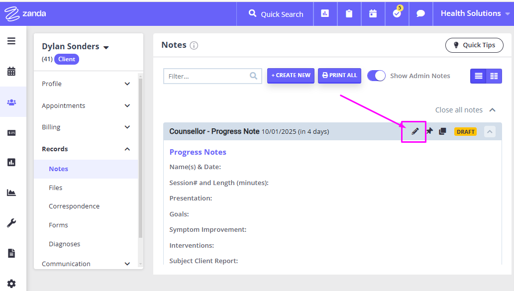 Creating and Managing Session Notes