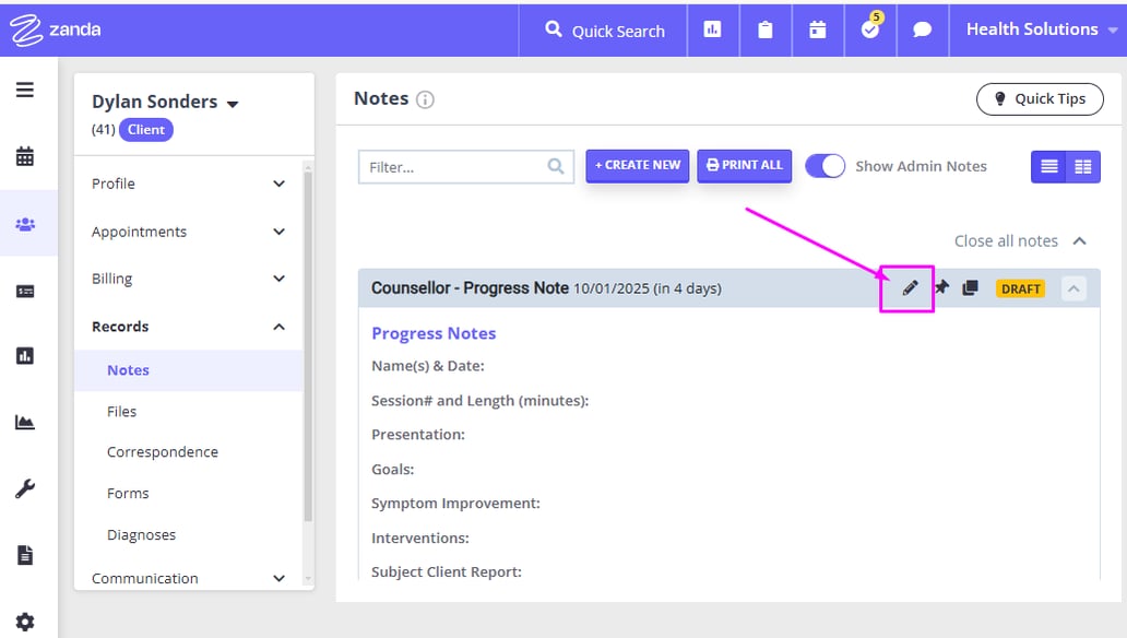 Creating and Managing Session Notes