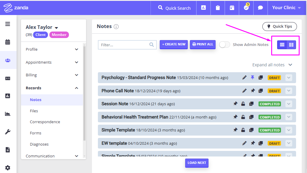 Creating and Managing Session Notes
