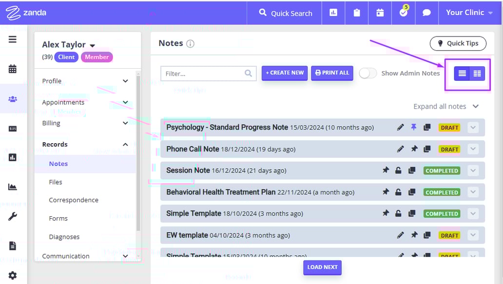 Creating and Managing Session Notes