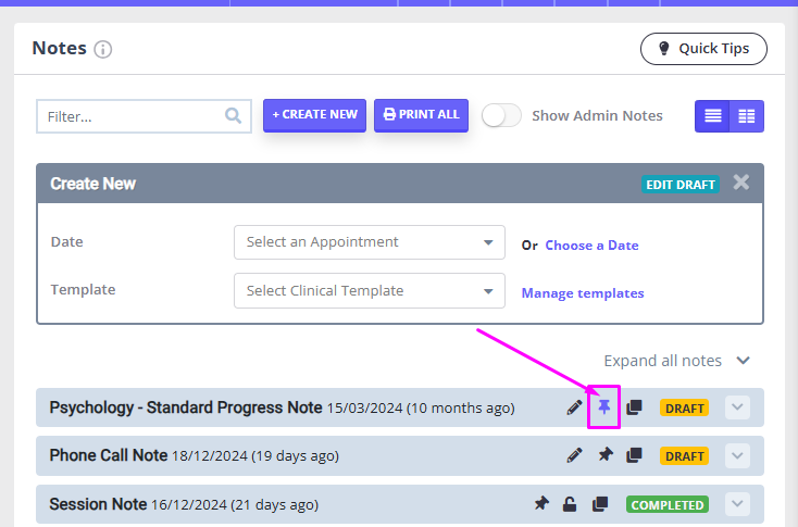 Creating and Managing Session Notes