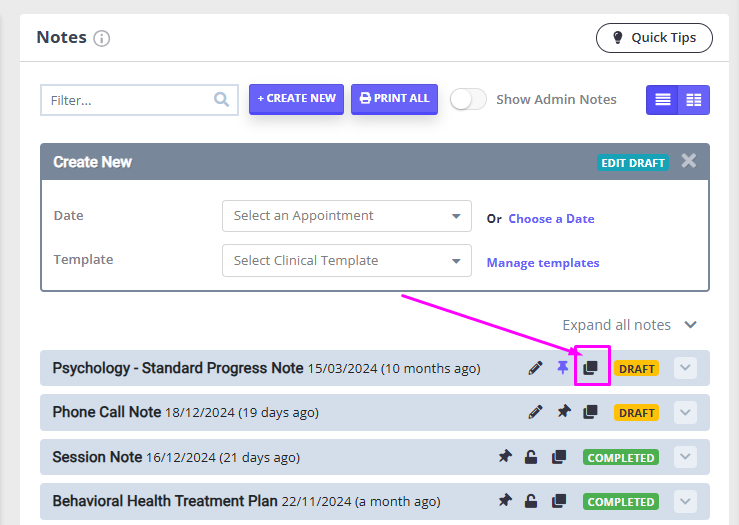 Creating and Managing Session Notes