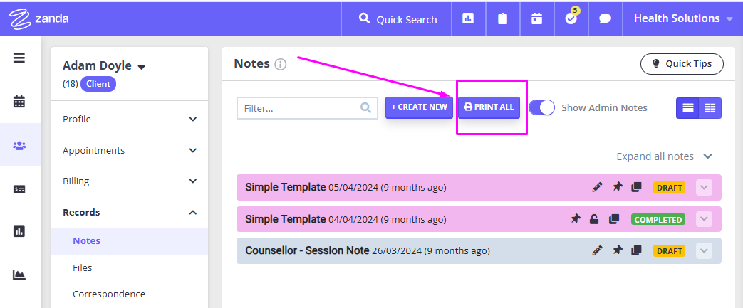 Creating and Managing Session Notes