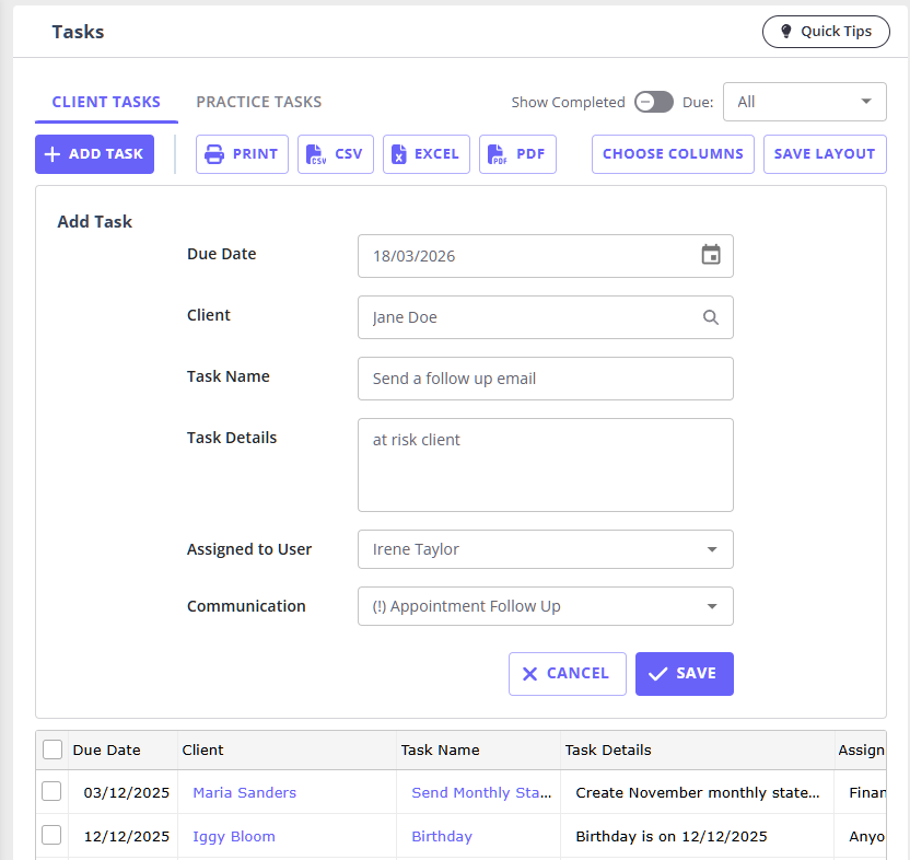 Using Client and Practice Tasks
